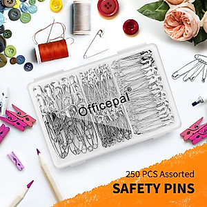Officepal Premium Quality 4-Size Pack of Safety Pins- Top 250-Count – Durable, Rust-Resistant Nickel Plated Steel Set- Best Sewing Accessories Kit for Baby Clothing, Crafts, Arts (4-Size in 1 No.002)