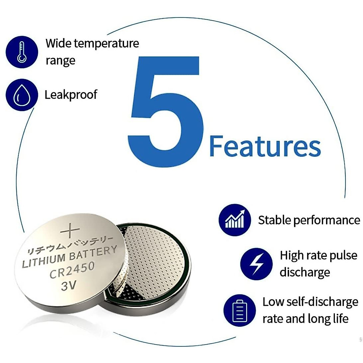 Cotchear 5pcs/Pack CR2450 Coin Battery 550mAh 3V CR 2450 Button Cell Batteries ECR2450 KCR2450 5029LC LM2450 3V Battery for Car Key Remote