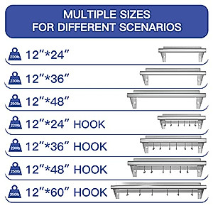 NCOEN 12 x 36 Stainless-Steel-Shelf Wall Mounted with 6 Hooks 250lbs, 304 Stainless Steel Wall Shelf for Commercial Restaurant, Kitchen, Home and Bar Stainless-Steel-Shelves