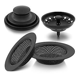 Kitchen Sink Stopper Strainer Set, 2 Stainless Steel Mesh Sink Drain Basket +1 Sink Drain Strainer +1 Sink Stopper for Kitchen Bathroom Sinks Bathtubs Replacement Sink Accessories(Black)