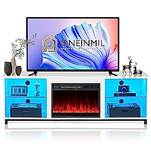 oneinmil Fireplace TV Stand for TV up to 78 Inch for Living Room, 68 Inch Modern TV Cabinet with AElectric Fireplace, Wood Storage TV Console, Media Entertainment Center with Cable Holes,White