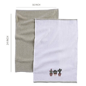 Hiera Home Kitchen Towels - Ultra Soft Cotton and Super Absorbent Dish Towels for Kitchen, Large Kitchen Towel 24x16 Inches, Natural Cotton Dish Towels Pack of 2 (Cactus)