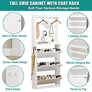 Shoe Cabinet for Entryway with 3 Flip Drawers, White Tall Wood Shoe Storage Cabinet with Coat Rack, Narrow Hidden Slim Freestanding Shoe Rack Organizer, 2 in 1 Hall Tree for Living Room, Hallway