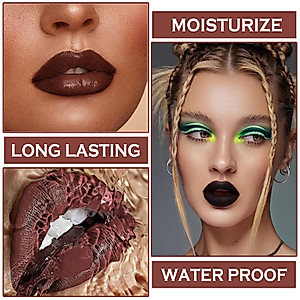 QIUFSSE 3 in 1 Black Lip Liner Pencil and Lipstick lipgloss Set Matte Black Lipstick Lip Gloss Kit Long-lasting Nonstick Cup Smudge Proof Lip Kits with Lip Liner,Velvet Goth Makeup (12#Black Magic)