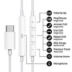 USB C Headphones, Type C Earphones HiFi Stereo in Ear Wired Earbuds USB C Earphones, Type C Headphones with Mic Compatible with Samsung Galaxy S21 Ultra S20 FE Note 10 Google Pixel 6 5 4XL Oneplus 9 8