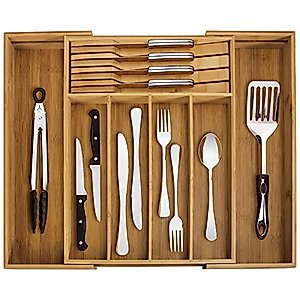 TAOUNOA Bamboo Drawer Organizer - Expandable Utensil Organizer Adjustable Silverware Organizer for Kitchen Drawers, Cutlery Organizer with Removable Knife Block