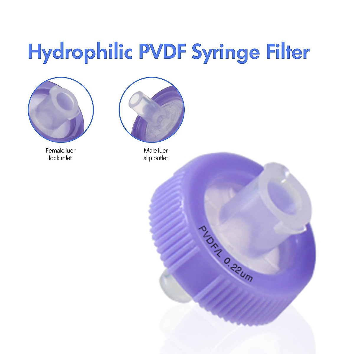 Syringe Filters PVDF Hydrophilic Filtration 0.22um 13mm Membrane Diameter Lab PVDF Membrane Disc Non-Sterile by Labfil, Pack of 100