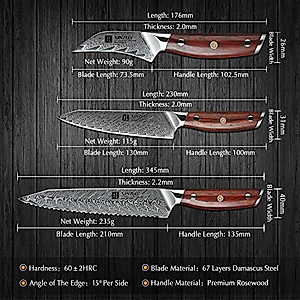 XINZUO 5-Piece Damascus Kitchen Knife Set, 67 Layer High Carbon Stainless Steel Forged Blade,Professional Chef Knife Set with Gift Box,Razor Sharp,Rosewood Handle - Yi Series