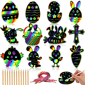 JULMELON Easter Crafts for Kids, 36 Pack Magic Rainbow Scratch Paper Kit Cute Bunny Scratch Art for Kids Easter Party Favors Gifts Egg Basket Stuffers