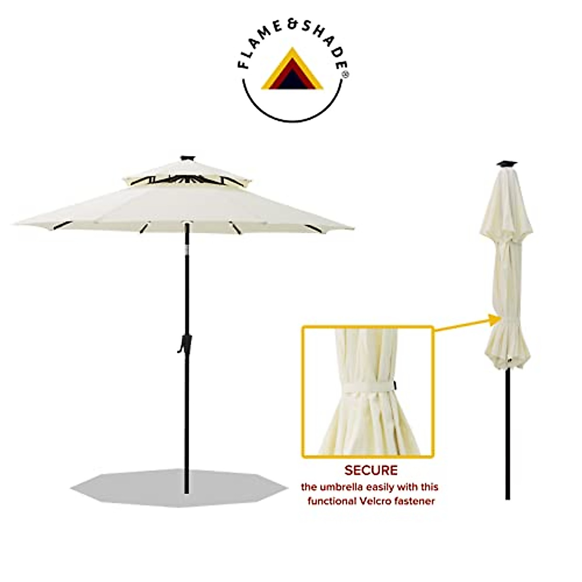FLAME&SHADE 9 ft Double Top Solar Powered Outdoor Market Patio Table Umbrella with LED Lights and Tilt, Ivory