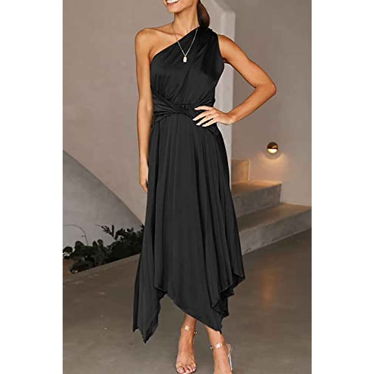 PRETTYGARDEN Women's Summer Long Satin Dress One Shoulder Sleeveless Ruched Twist Flowy Maxi Dresses (Black,Medium)