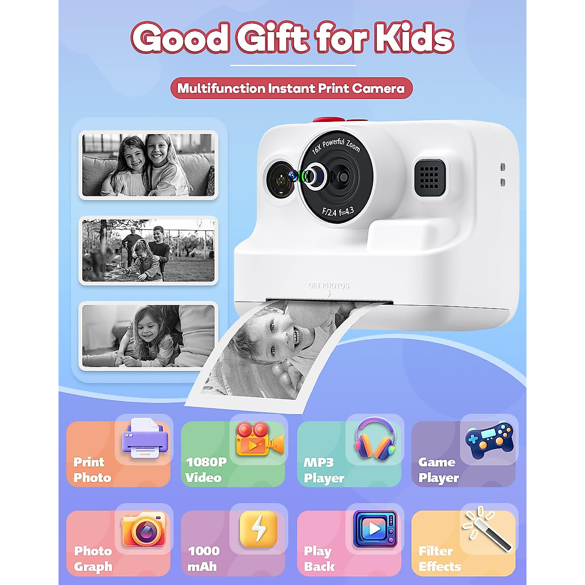 Dylanto Instant Print Camera for Kids,2.4 Inch Screen Kids Instant Cameras, Christmas Birthday Gifts for Girls Age 3-12, Portable Toddler Toy for 3 4 5 6 7 8 9 10 Year Old Girls Boys White