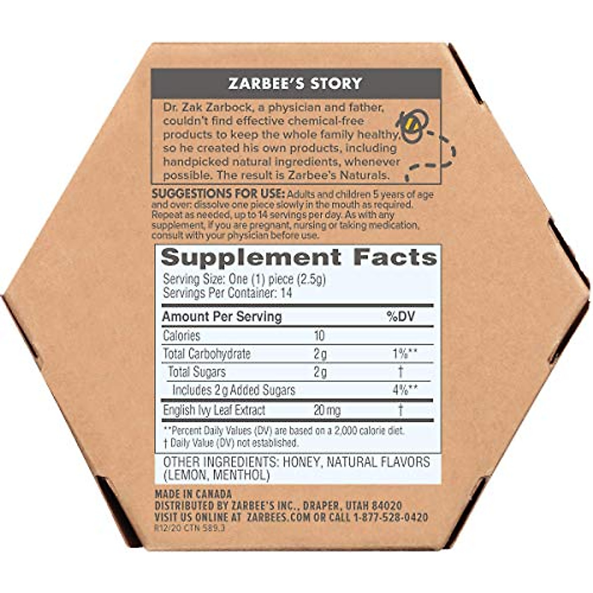 Zarbee's Naturals 96% Honey Cough Soothers + Mucus with Ivy Leaf Extract, Lemon Menthol Flavor,16.8 Oz,14 Count