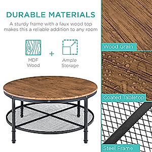 Best Choice Products 2-Tier 35.5in Round Industrial Coffee Table, Rustic Steel Accent Table for Living Room, w/Wooden Tabletop, Reinforced Crossbars, Padded Feet, Open Shelf, Raised Bottom - Brown