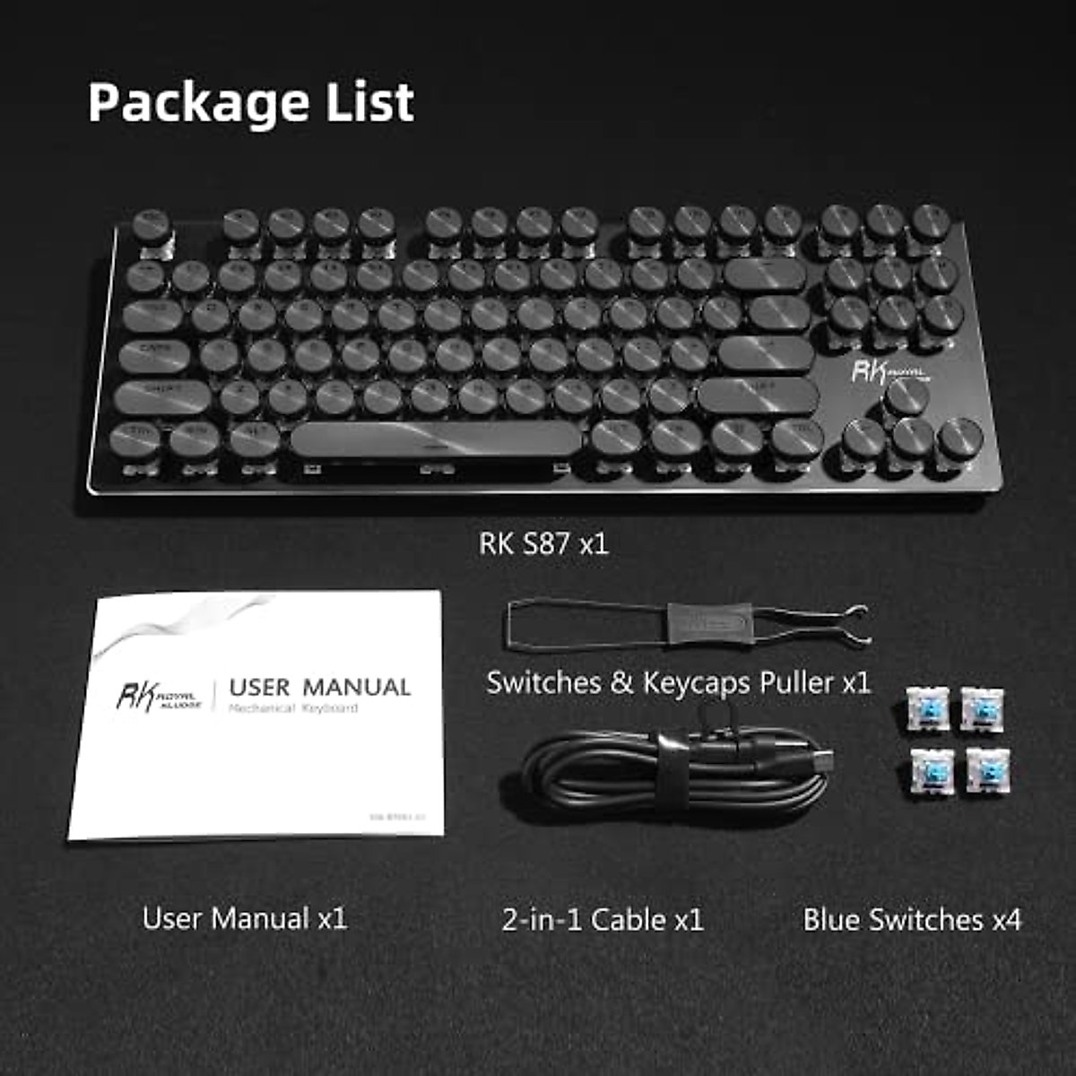 RK ROYAL KLUDGE RKS87 Typewriter Mechanical Keyboard, Hot Swappable Blue Switch Wired PC Gaming Keyboard, 75% Layout RGB 87 Keys Slim Keyboards with Retro Punk Round Keycaps for Mac Windows, Black