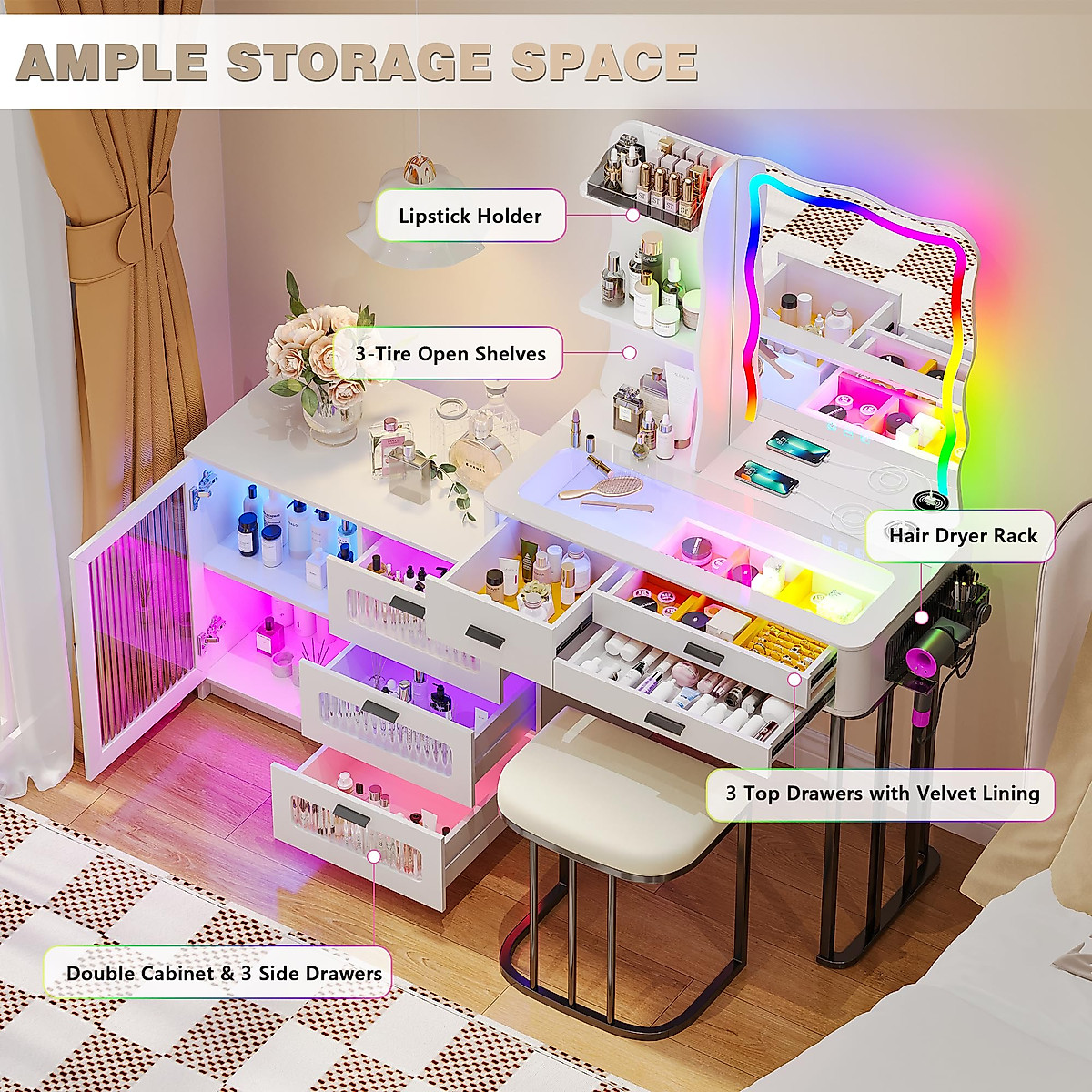 MDGC RGB Makeup Vanity Desk with Wireless Charging Station,7 Dynamic and 7 Static Dimmable Vanity Table with Glass Desktop,Vanity Mirror with Lights Desk&Chair,8 Drawers,Stool
