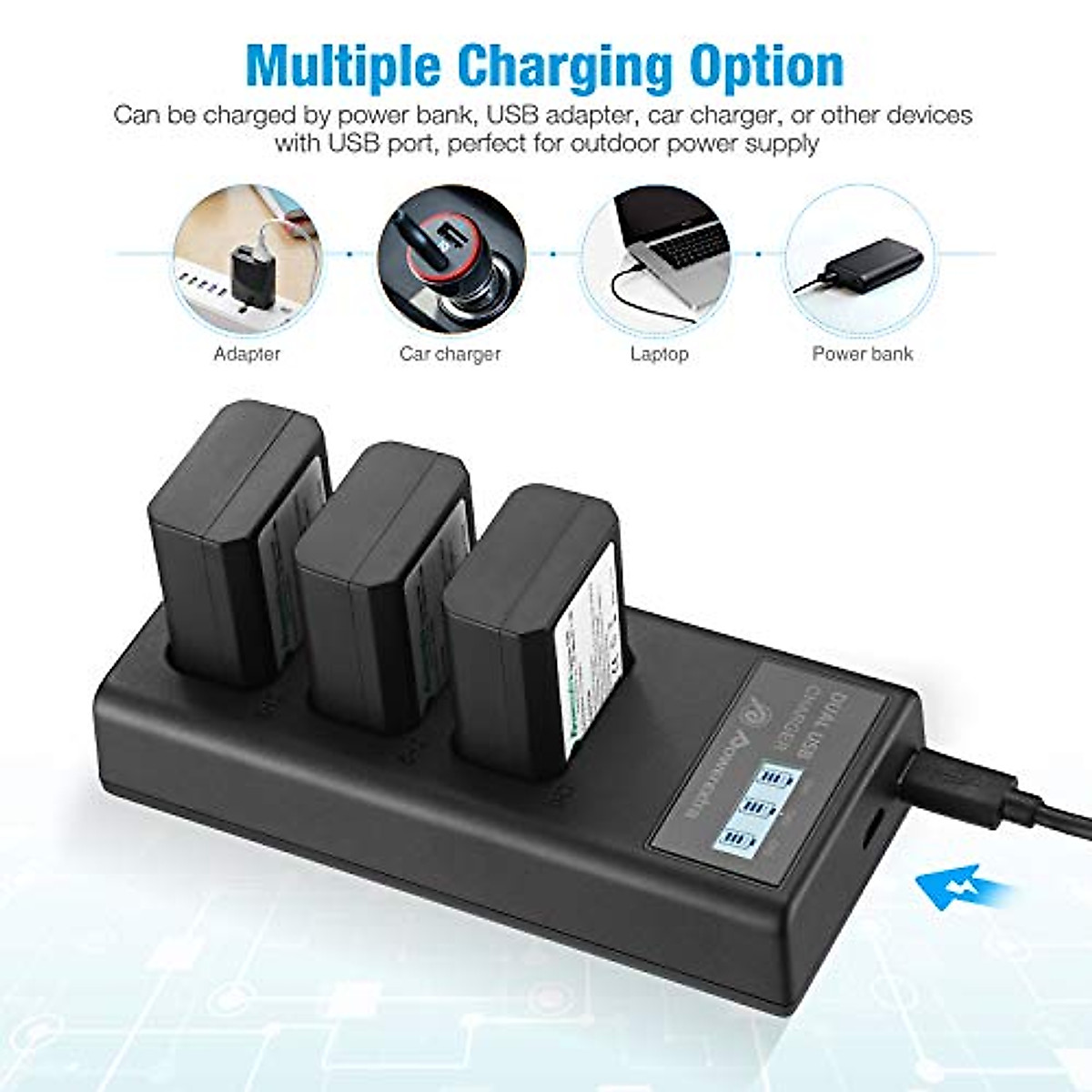 Powerextra NP-FW50 Rechargeable Battery Charger Set for Sony ZV-E10 A6000 A6500 A6300 A7 A7II A7SII A7S A7S2 A7R A7R2 A7RII A55 A510 RX10 RX10II (3 Pack Batteries and 3 Channel Charger LCD Display)