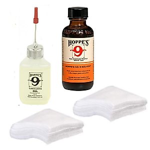 Hoppes 9 Gun Bore Cleaner, Precision Oil, Cotton Patches for 9mm.357.38.40.45 Caliber Gun Cleaning Kit