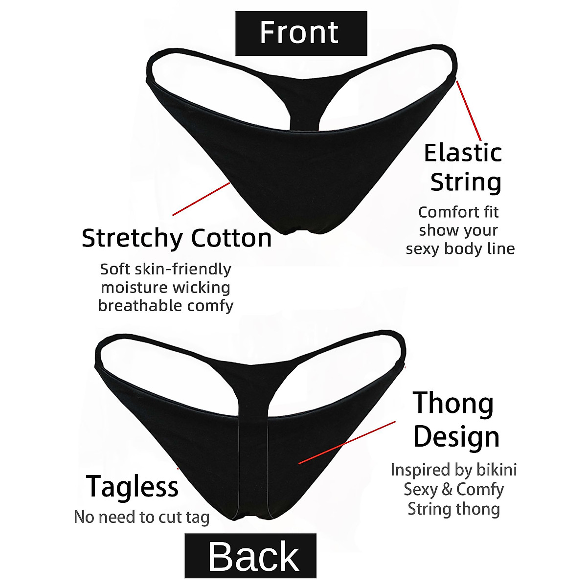 KUKU PANDA Cotton Thongs for Women Sexy Seamless Woman G String Panties 3 Pack Set (Black/Red/White, Medium)