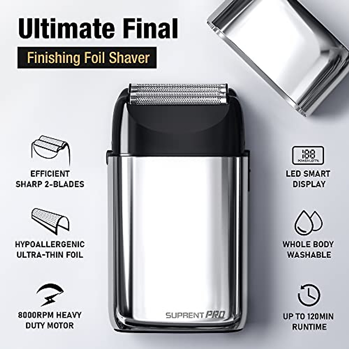 SUPRENT Professional Double Foil Shaver for Barbers,Electric Rechargeable Balding Head Shaver for Men,Bump-Free Shaving with 2 Replacement Shaver Head,Barber Supplies,120Min Runtime,IPX6 Washable