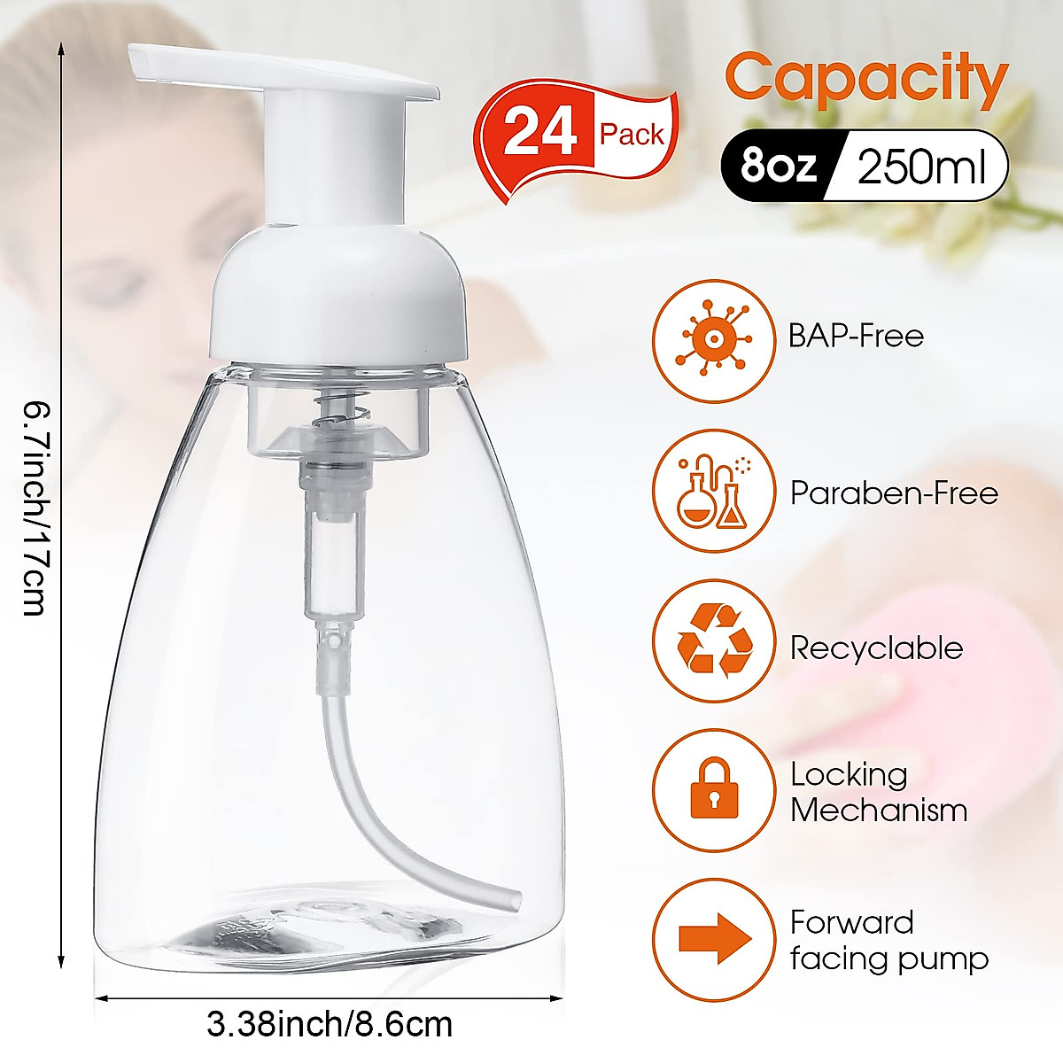 24 Pack 24 Pcs 8 oz Foaming Soap Dispenser Foaming Pump Bottle Pump Bottles Hand Soap Pump Foam Dispenser Bottle Plastic Press Bottles Empty Refillable Plastic Container for Liquid Soap Shampoo