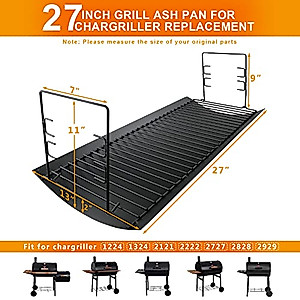 Hisencn 27 inch Ash Pan Repair Parts for Chargriller 1224, 1324, 2121, 2222, 2727, 2828, 2929 Charcoal Grills, Charbroil 17302056, 27" Drip Pan Grates Replacement Part with 2pcs Fire Grate Hanger