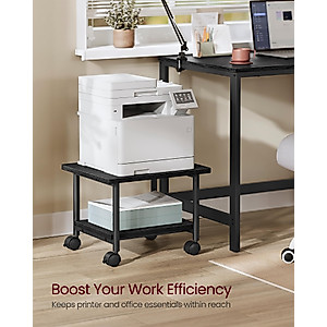 VASAGLE Industrial Under Desk Printer Stand, 2-Tier Mobile Machine Cart with Shelf, Heavy Duty Storage Rack for Office and Home, Black UOPS02B