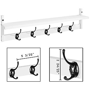 BAMEOS Wall Hooks with Shelf Entryway Wall Hanging Shelf Wood Coat Hooks for Wall with Shelf Wall-Mounted Coat Hook Rack with 5 Dual Hooks for Bathroom, Living Room, Bedroom (White-with Shelf)