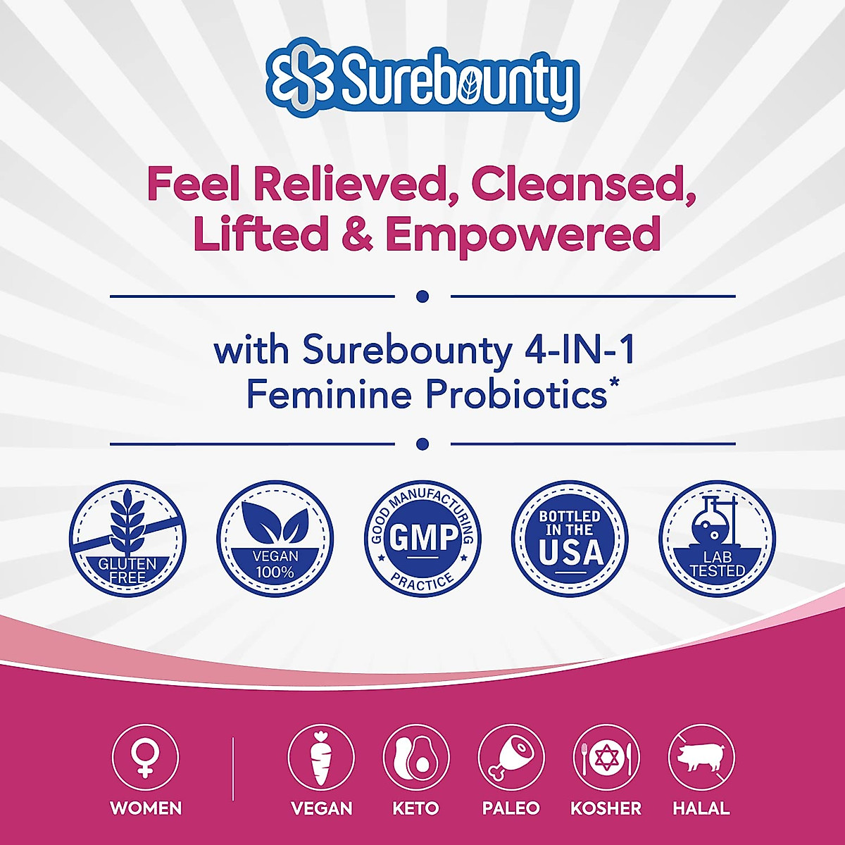 Surebounty Probiotics for Women, 120 Billion CFU 34 Strains, Prebiotics, Digestive Enzymes, Cranberry, 4-in-1 Feminine Probiotic, Digestive, Vaginal, Immune Support, 30ct