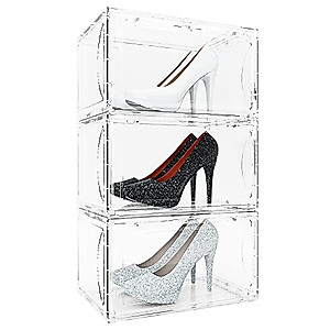 GUEQUITLEX 3 Pack Shoe Boxes Clear Shoe Box Plastic Shoe Display Boxes Organizer Large Shoe Container 14.6''x8.3''x10.2''Magnetic Side Open Stackable Shoe Boxes (Transparent)