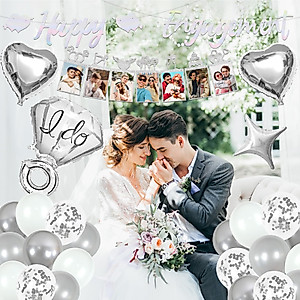 Trgowaul Engagement Wedding Decorations, Silver Happy Engagement Banner with 7PCS Photo Banner for Bridal Shower, Ring Foil Balloon, Just Engaged Cake Topper Bridal Shower Supplies