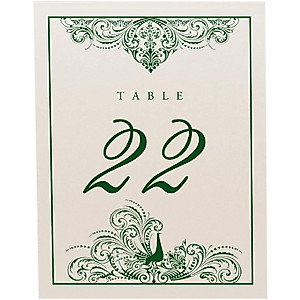 Peacock Flourish Wedding Table Numbers (Select Color/Quantity), Champagne, Hunter Green, 1-15, Double Sided, Tent or Use in a Stand, Great for Parties & Restaurants