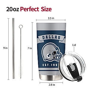 Custom Dallas Tumbler 20oz Stainless Steel with Lid & Straw Personalized Football Fans Gifts for Women Men Travel Cup Insulated Tumbler Add Name Number