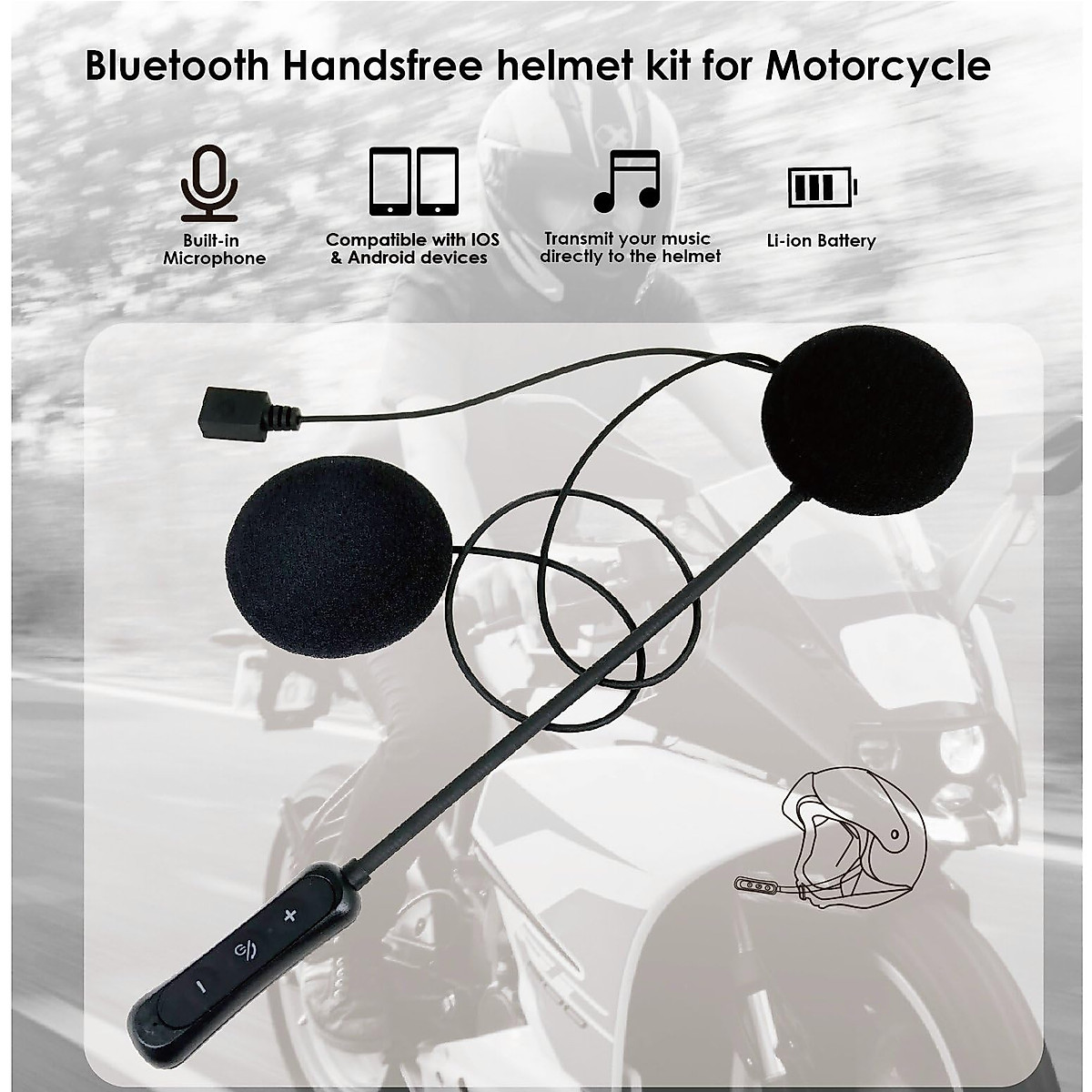 SUNITEC Motorcycle Bluetooth Headset Outdoor Helmet Earphone Bluetooth Helmet Speakers HiFi Stereo Sound Motorcycle Speakers Hands Free Music Call Control Universal Helmet Communtion System - BH03