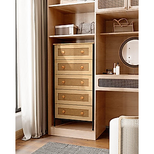 Crestlive Products Rattan Dresser Storage Tower, Tall Fabric Dresser, Chests of Drawers, Wood Top &Wood Handles - Organizer Unit for Bedroom, Hallway, Entryway, Closets - 5 Drawers (Natural)