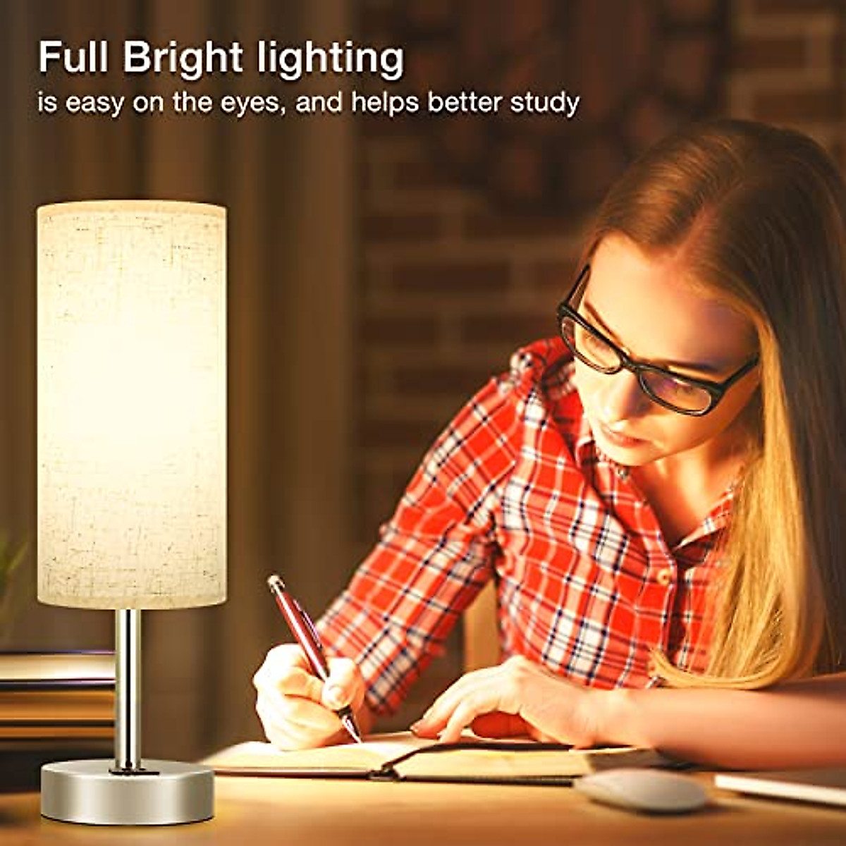 Touch Table Lamps for Bedroom Nightstand - Bedside Lamps with USB-C USB-A Charging Ports White, 3 Way Dimmable Control Small Lamp Fabric Shade Silver Base for Bedroom, Office, Living Room, Reading