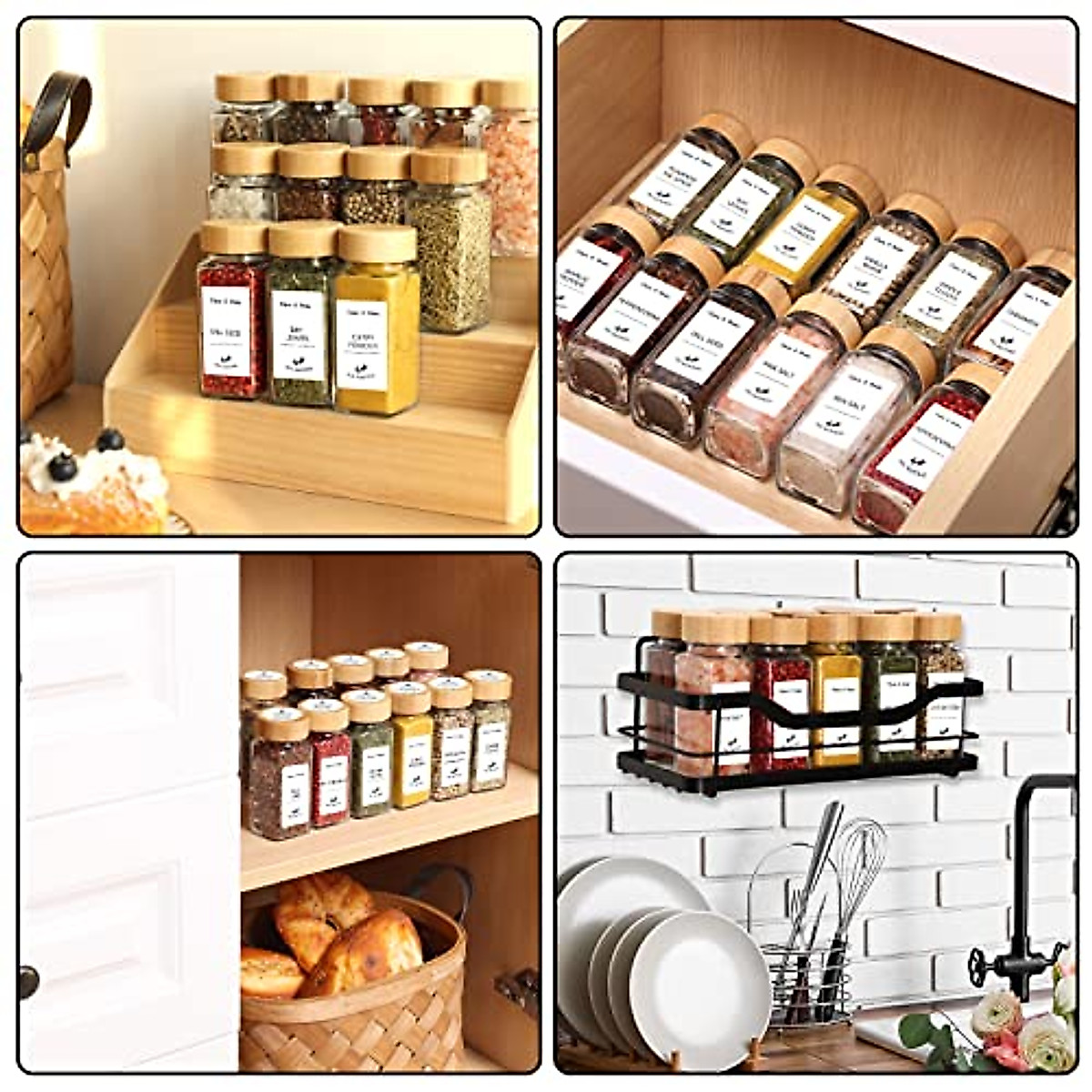 CUCUMI 12 Pcs Spice Jars with Labels and Bamboo Lids, 4oz Empty Square Spice Bottles with Shaker Lids, Collapsible Funnel, Chalk Pen, Seasoning Containers for Spice Rack, Drawer, Cabinet