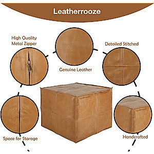 LEATHEROOZE Moroccan Pouf - Genuine Goatskin Leather - Bohemian Living Room Decor - Hassock & Ottoman Footstool - Square & Large Ottoman Pouf - Unstuffed - (Brown)