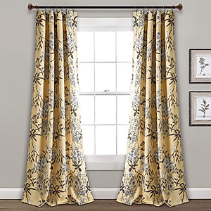 Lush Decor Botanical Garden Curtains Floral Bird Print Light Filtering Window Panel Drapes Set for Living, Dining, Bedroom (Pair), Yellow, 52"W x 95L"