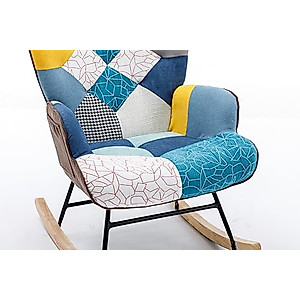 Tiophome Rocking Nursery, Upholstered Glider Rocker Accent Chairs Padded Seat with High Backrest, Comfy Side Armchair for Nursing, Living Room, Bedroom, Office, Patchwork Linen Blue, Extra Large