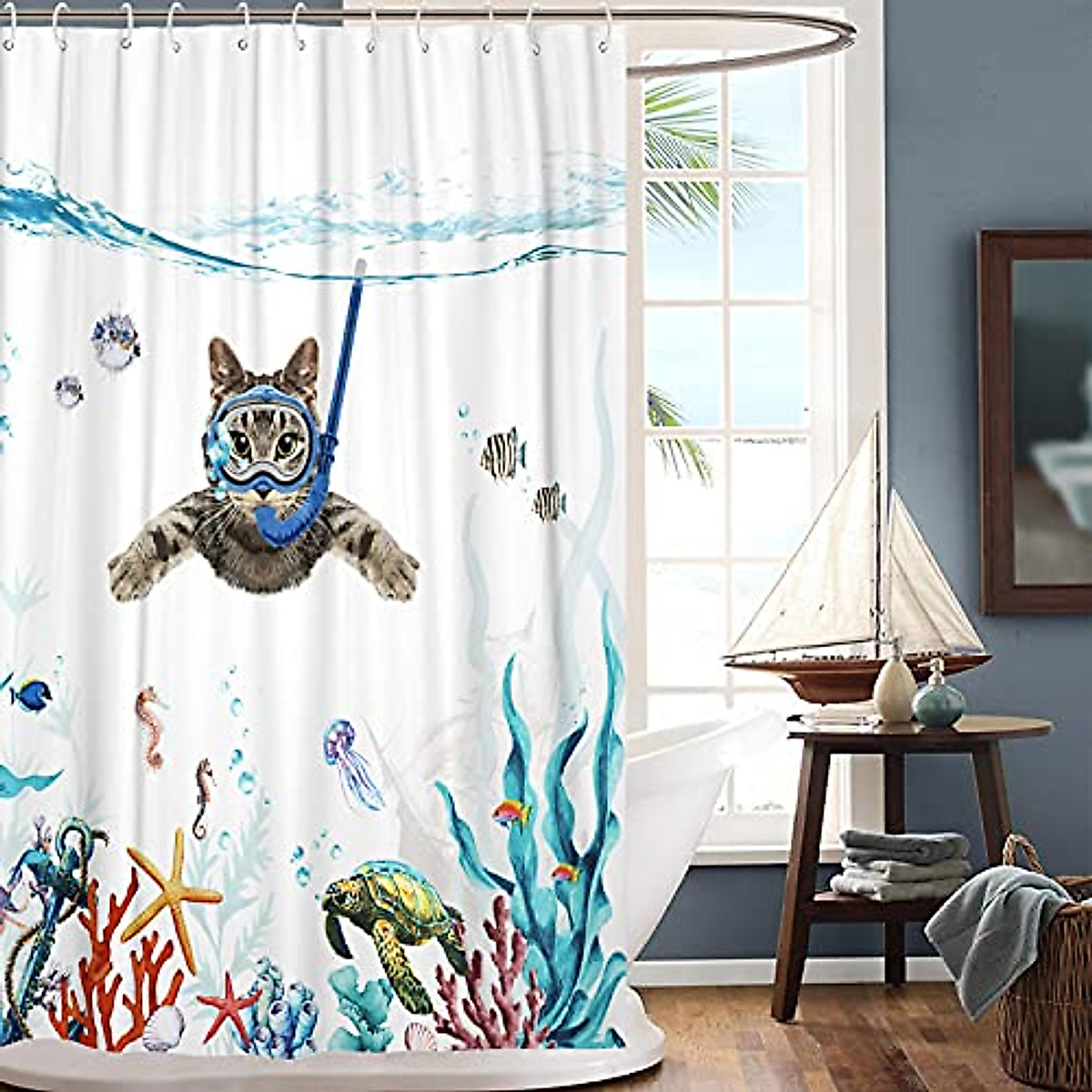 Fowocu Funny Cat Shower Curtain Set Teal Blue Sea Ocean Waterproof Fabric Shower Curtains with Animal Octopus Starfish Turtle Anchor Fish Nautical Bathroom Curtain Decor (Blue, 72''×72'')