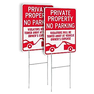 GicnKeuz 2 Pack No Parking Sign with H-stakes, Private Property Sign, 14"×10" Reflective Aluminum Sign, Fade Resistant/Waterproof, Including Screws, Easy to Install, Outdoor Use