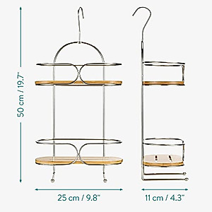 Navaris Bamboo and Metal Shower Caddy - Over Shower Head 2-Shelf Hanging Organizer - Hanger Hook Shelves for Bathroom Showers, Toiletries, Accessories