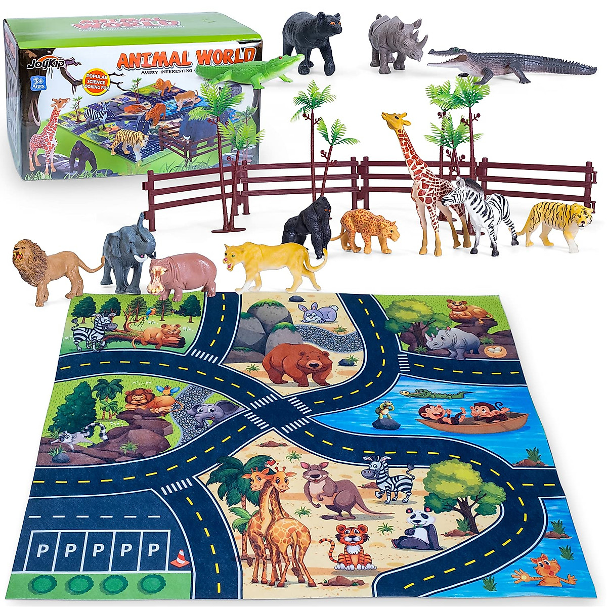 JoyKip Safari Animals Figures Toys with Activity Play Mat & Trees 21 Piece Plastic Animals Figures Wild Zoo Animal Figures for Toddlers Animal Toys for Kids 3+