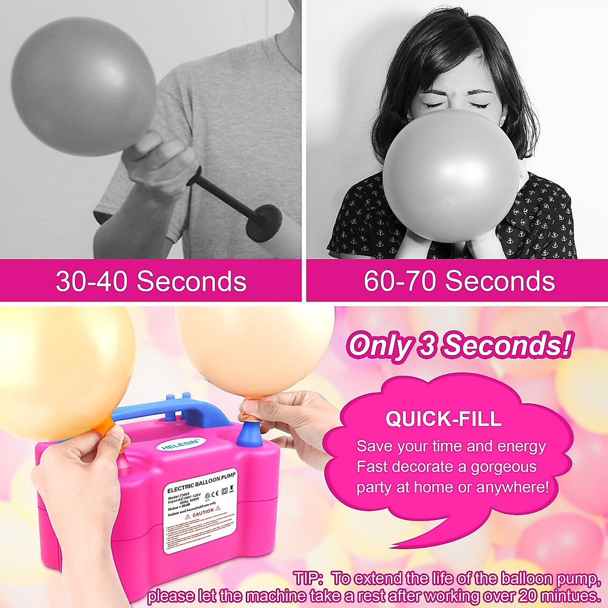 Electric Air Balloon Pump, Portable Dual Nozzle Electric Ballon Blower Maschine 600W Balloon Inflator for Party, Birthday, Wedding, Graduation, Festival Decorations(100-120v, Rose Red)