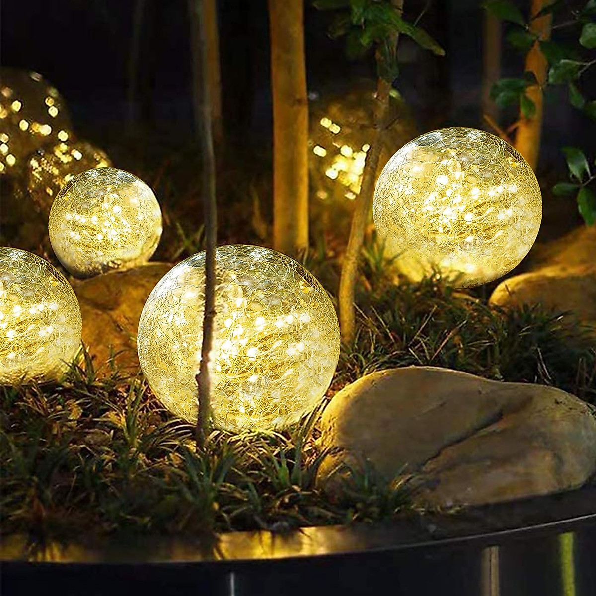SyouHome Solar Garden Lights Outdoor Waterproof, 4 Pack Cracked Glass Ball Light, Ground Landscape Garden Decor, Solar Globe Decorative for Pathway/Patio/Lawn/Yard (Warm White, 4.7")