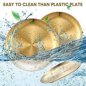 Honeydak 10 Pcs 18/8 Stainless Steel Plate 304 Stainless Steel Dishes 8 Inches Adult Plates Reusable Camping Plates Dishwasher Safe Feeding Serving Flat Plate Double Layers Round Dessert Plate (Gold)