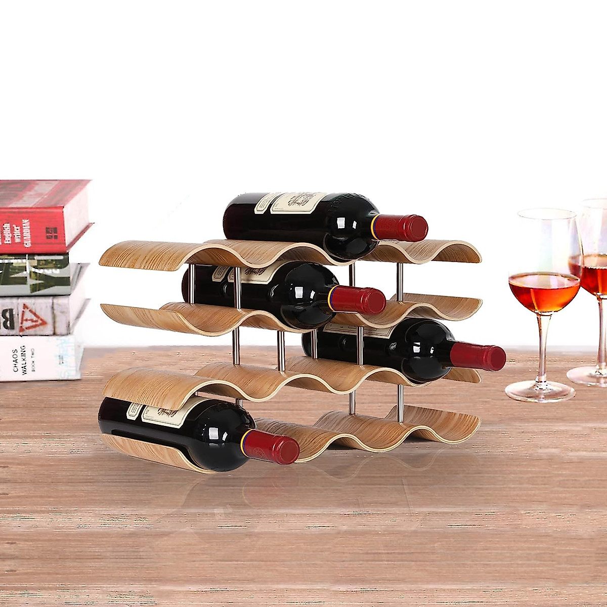 LUCKEG Wine Rack Wine Bottle Holder Brand 4 Tier Wooden Wave Wine Rack, Table Top Wine Storage, Perfect for Bar, Wine Cellar, Pantry, Family Cabinet (14 Bottles)
