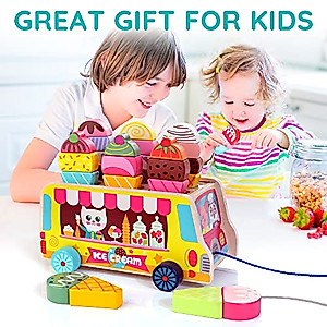 HELLOWOOD Wooden Ice Cream Truck, 28 pcs Magnetic Ice Cream Sweet Treats Pretend Play Food & Accessories, Montessori Sorting & Stacking Toys for Toddler Girls & Boys Age 2-5