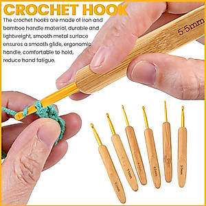 Wooden Yarn Bowl with 6pcs Metal Crochet Hooks and 50pcs Crochet Stitch Markers, Knitting Yarn Bowl with Holes Storage, Handmade Yarn Storage Bowl for DIY Knitting Crocheting Accessories